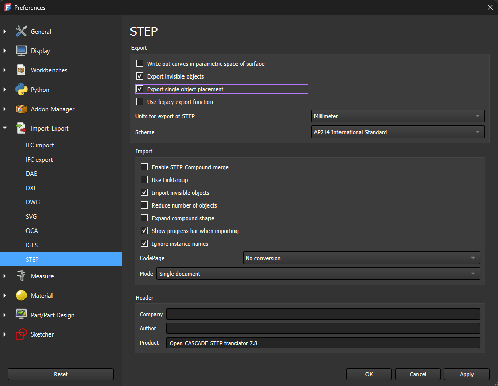 FreeCAD STEP export settings - RoboDK Documentation
