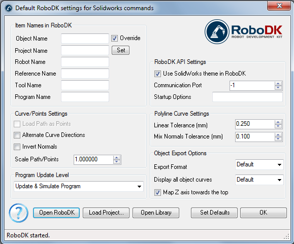 Add-In RoboDK pour SolidWorks - Documentation RoboDK